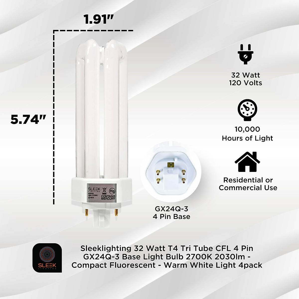 SLEEKLIGHTING 32 Watt T4 Tri Tube CFL 4 Pin GX24Q-3 Base Light Bulb 2700K 2030lm - Compact Fluorescent -Warm White Light 4pack