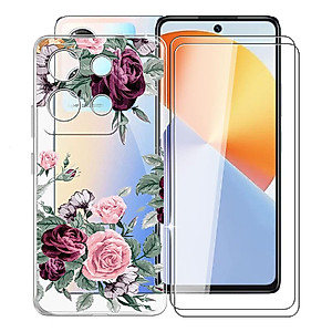 KJYFOANI for Infinix Note 30 Case with 2 x Tempered Glass Screen Protector, Transparent Shockproof Solf Silicone Protection Case for Infinix Note 30, Case for Women Men, (6.78") - Rose Flower