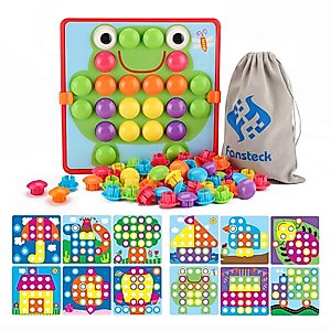 Fansteck Button Art Toy for Toddlers, Color Matching Early Learning Educational Mosaic Pegboard, Safe Nontoxic ABS Plastic Premium Material, 12 Pictures and 46 Buttons,with a Bag Easy to Storage