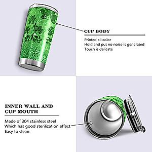 Green Glitter Sparkle Clovers Travel Mug Insulated Tumbler with Lid and Straw Abstract Lucky Irish Shamrock Stainless Steel Vacuum Double Walled Drinking Cup Keeps Drinks Cold&Hot Water Bottle for T