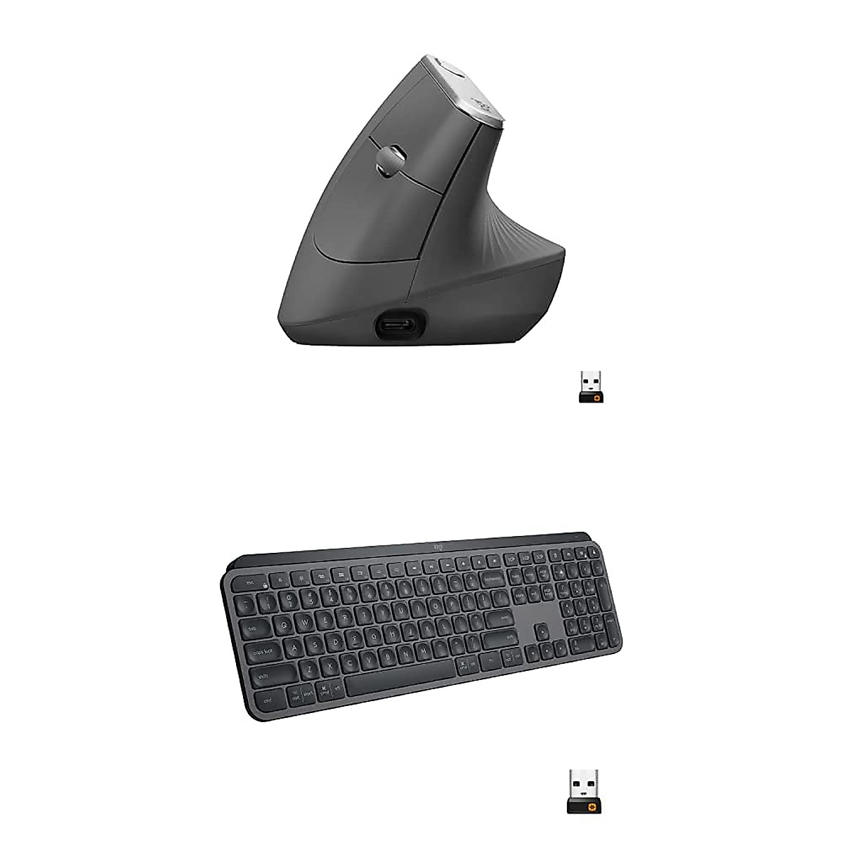 Logitech MX Keys Advanced Wireless Illuminated Keyboard - Graphite & MX Vertical Wireless Mouse (Bluetooth or USB), Rechargeable, Graphite