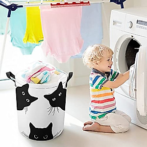 Laundry Hamper Curious Black Cat Fabric Storage Basket Round Collapsible Lovely Cats Laundry Baskets with Drawstring Closure for Bedroom Living Room Bathroom