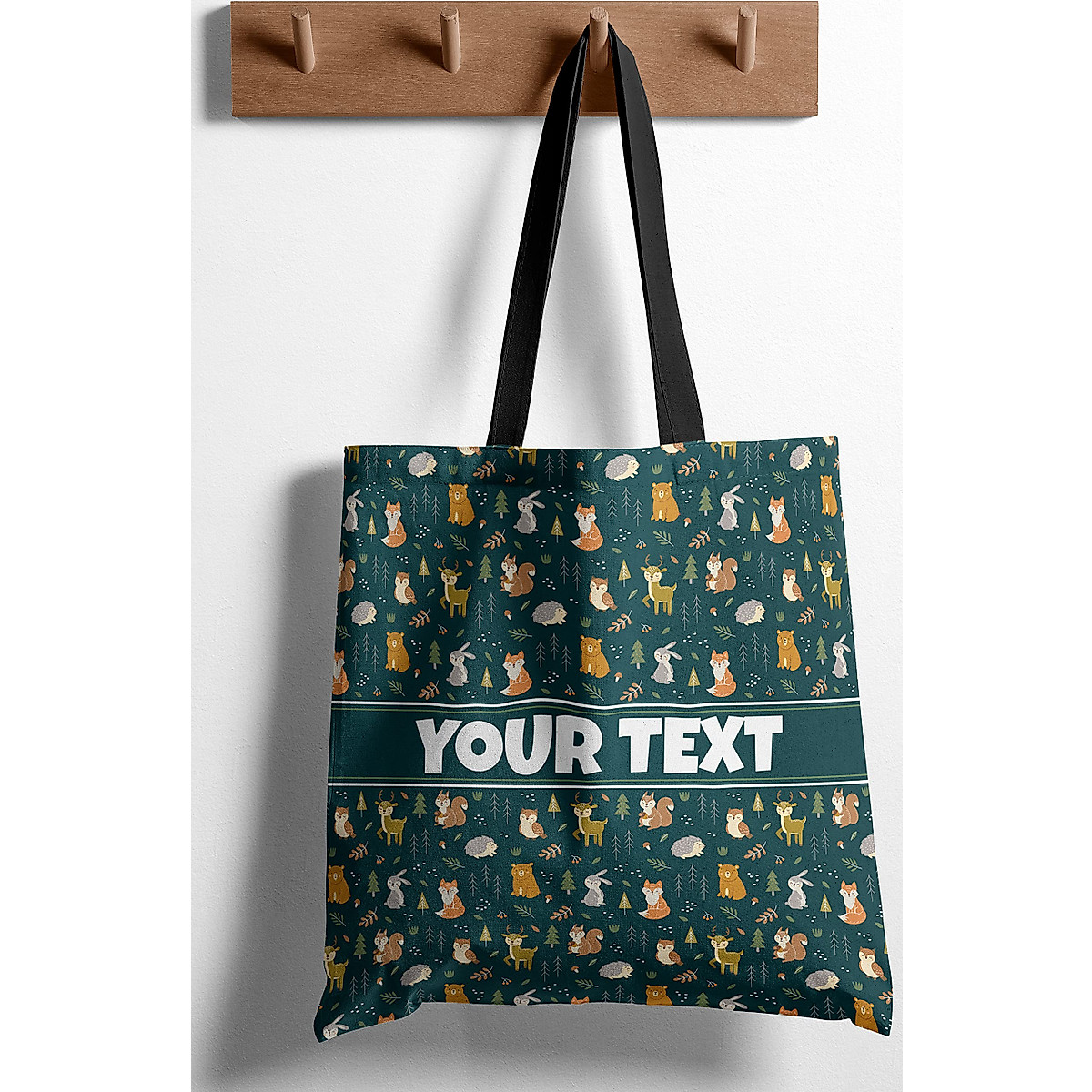 Personalized Tote Bag for Kids - Woodland Animals, Custom Name/Text, Reusable w/ Straps, Canvas Cloth Fabric, Customized Gift Idea for Boys/Girls/Children, Birthday/Christmas/Holiday Present, 13x13"