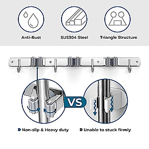 Damita Broom Holder Wall Mount, 3 Racks 4 Hooks Mop Hanger Wall Mount for Kitchen Garage Garden Metal Tool Organization - 304 Stainless Steel Non-slip Broom Organizer Wall Mount (1 Pack, Silver)