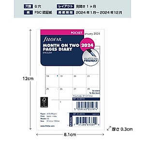 Filofax Pocket month on two pages English 2024 diary,White