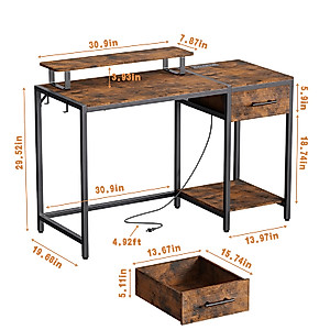 Computer Desk with Wooden Drawers - 47 inch Gaming Desk with Led Lights & Outlets, Home office Desk with Monitor Stand & Headphone Hook, Rustic