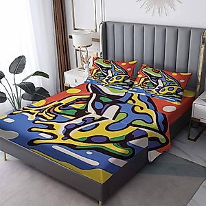 zcsm Frog Sheets Full Size Sheet Sets - Cartoon Amphibian Bed Sheets, Soft Microfiber & Deep Pocket & Wrinkle Free Patterned Bedding Sheets & Pillowcases, 1 Fitted Sheet, 1 Flat Sheet, 2 Pillow Cases