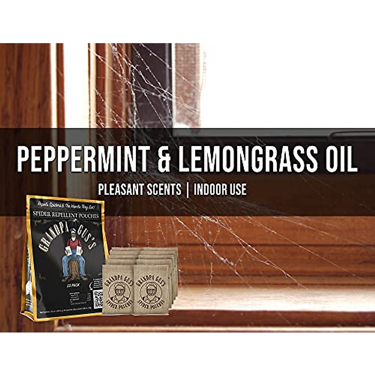 Grandpa Gus's Spider Repellent Pouches, Peppermint and Lemongrass Oil Formula Repels Spiders and The Insects They Eat, Use in Closet, Basement, Cabin, Shed, RV, Garage, 8.8 Oz (0.88 Oz x 10 Pouches)