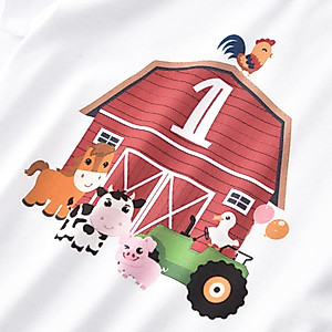 1st Birthday T-Shirt Baby Boy Toddler Farm Animal One 1 Year Old B-Day Tee Gift First Farm Animals Themed Birthday Party Top Tee Cotton T Shirt Printed Short Sleeve Outfit(White, 1T, 1_Year)