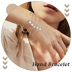 Sanfenly 8 Pieces Finger Ring Bracelets Hand Harness Chain Bracelet Gold Rhinestone Vintage Adjustable Slave Chain Ring Bracelet for Women Hand Jewelry