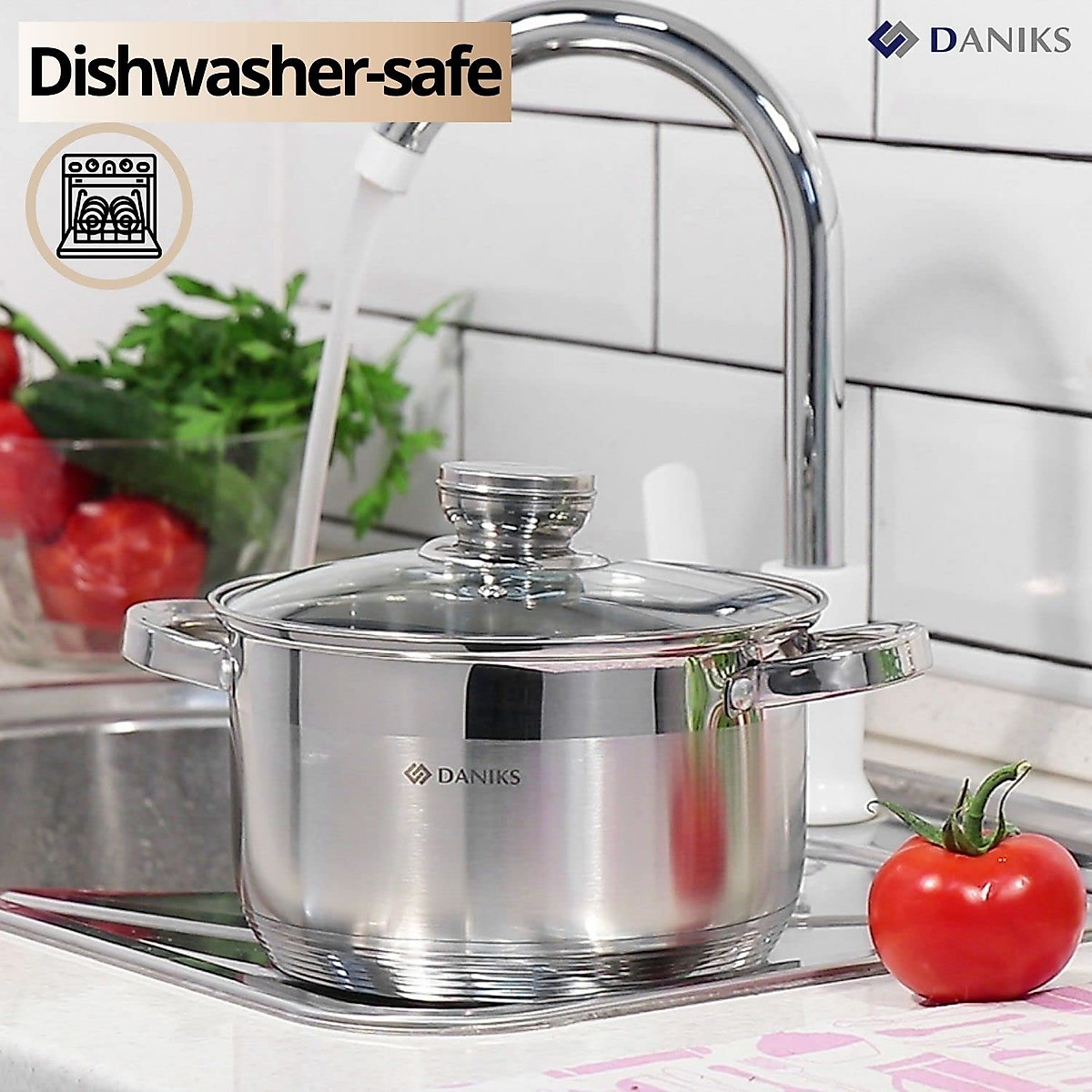 Daniks Standard Stainless Steel Stock Pot with Glass Lid | Induction 2 Quart | Dishwasher Safe Pot | Measuring Scale | Soup Pasta Stew Pot | Silver