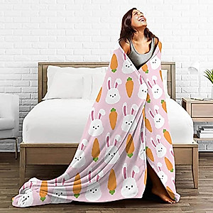 Rabbit and Carrot Throw Blanket Soft Warm Cozy Lightweight Blankets Cute Easter Bunny Flannel Blanket for Sofa Couch Bed Office Holiday Decorative 50"X40"