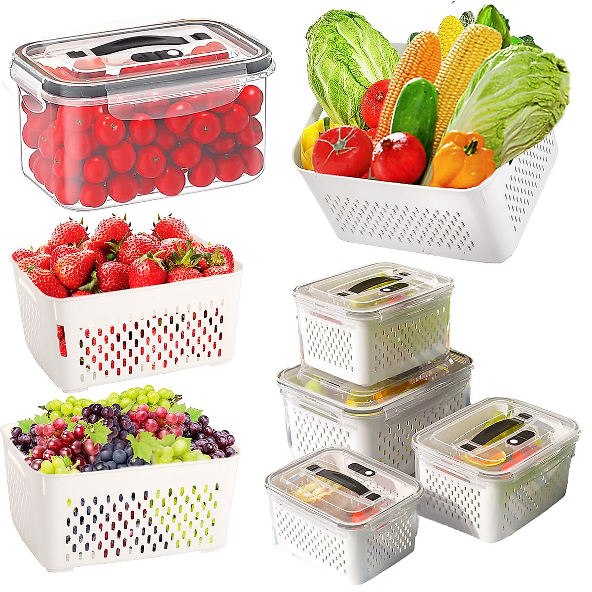 HOMEEE 4 Pack Large Airtight Fridge Food Organizer Containers, Fruit and Vegetable Storage Containers with lids, Portable Outdoor Picnics Food Storage with Removable Colanders(4.15L+3.15L+1.7L+0.8L)