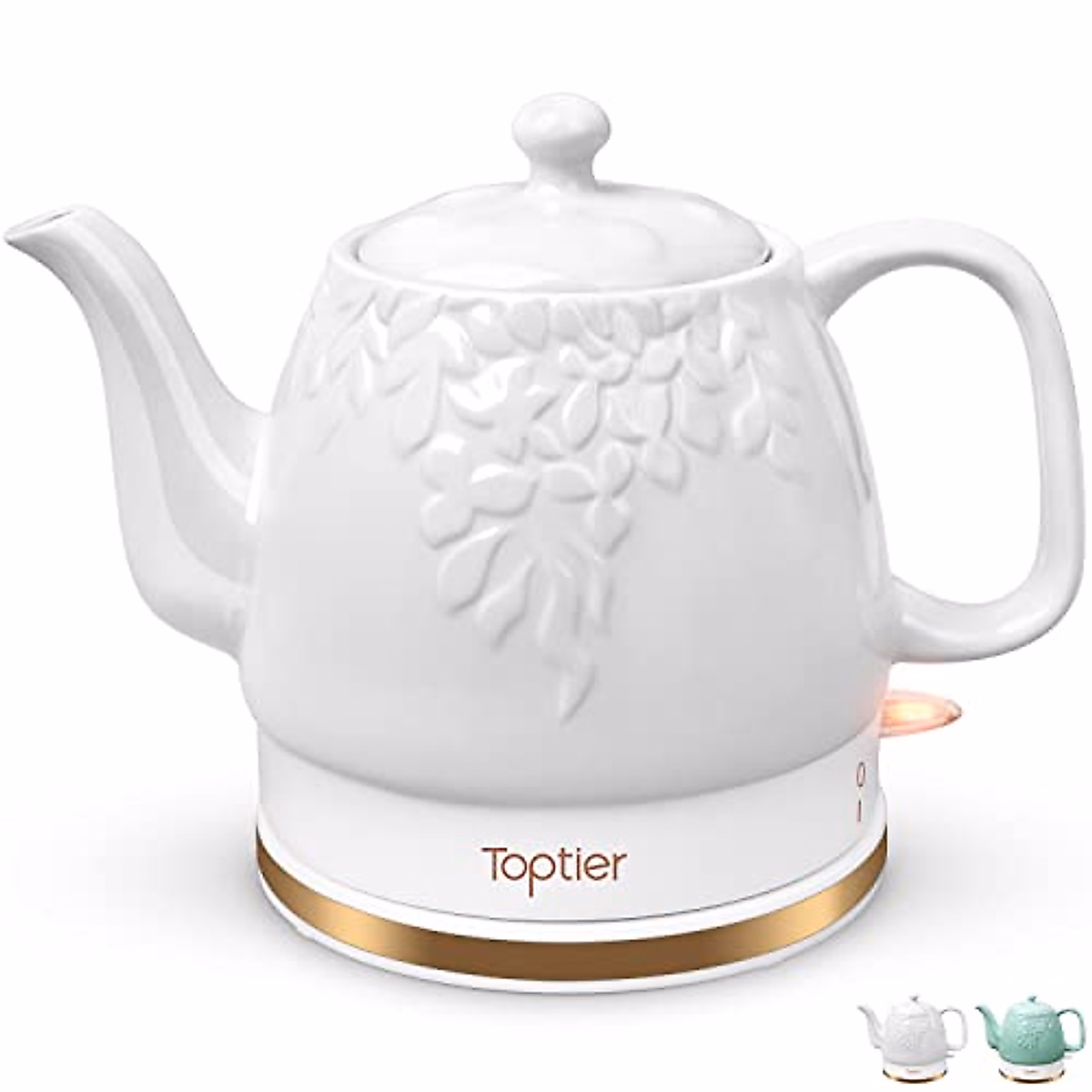 Toptier Electric Ceramic Tea Kettle, Boil Water Quickly and Easily, Detachable Swivel Base & Boil Dry Protection, Carefree Auto Shut Off, 1 L, White Leaf
