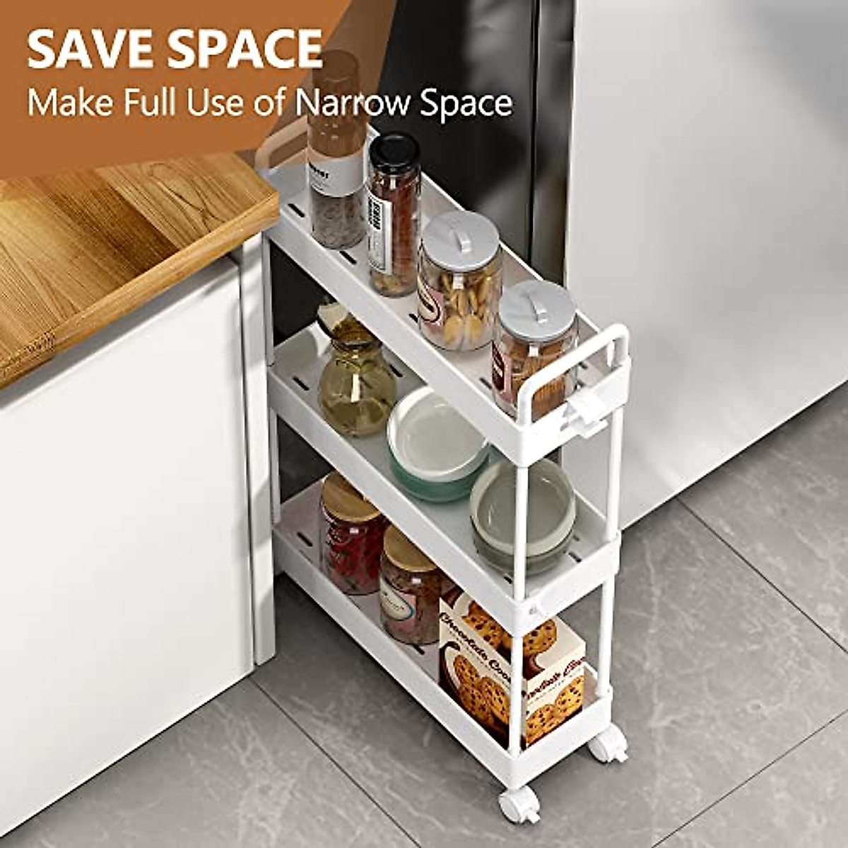 SOLEJAZZ Slim Storage Cart, 3 Tier Bathroom Cart Organizer Mobile Shelving Unit Rolling Utility Cart, Slide Out Organizer for Kitchen, Bathroom, Laundry, Narrow Places, White