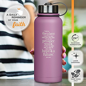 Christian Art Gifts Laser Engraved Stainless Steel Double Wall Vacuum Insulated Water Bottle: I Know the Plans - Jeremiah 29:11 Bible Verse for Men and Women, All Day Hot or Cold, Purple, 32 oz.