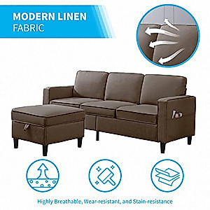 Horgaeo Convertible Sectional Sofa Couch, 3-Seat L-Shaped Couch with Storage Ottoman, Wooden Sofa Legs Modern Linen Fabric Reversible Chaise for Living Room, Bedroom, Apartment (Coffee), 78'' W