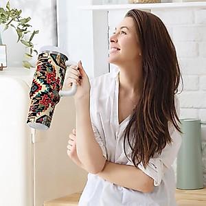 Jihqo Indian Ethnic Pattern 40 oz Stainless Steel Vacuum Insulated Tumbler with Handle and Straw Lid, Leakproof Water Bottle Double Wall Travel Mug Coffee Cup, Cupholder Friendly