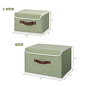 ANMINY Storage Bin with Lid Storage Boxes with PU Leather Handles PP Plastic Board Decorative Foldable Lidded Cotton Linen Fabric Home Cubes Baskets Closet Organizer Container - Green, Small Size