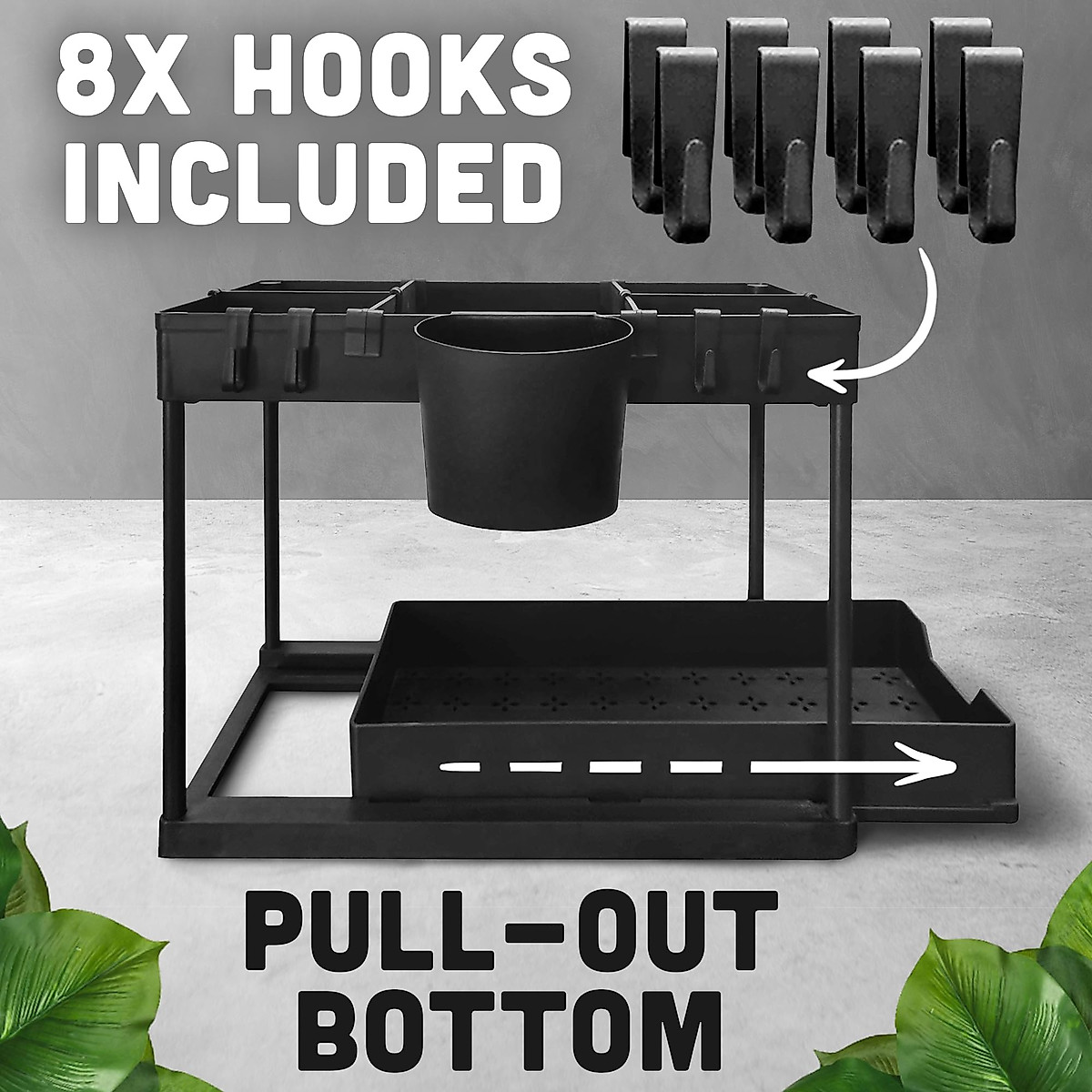 2 Pack Under Sink Organizers and Storage - 2 Tier Pull Out Under Sink Organizer with 2 Hanging Cups & 8 Adjustable Hooks | Multi Purpose Under Sink Storage Shelf Drawers for Bathroom & Kitchen (Black)