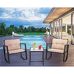 FDW Rocking Wicker Patio Furniture Modern Conversation Sets with Coffee Table for Yard and Bistro, Black