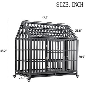 Afqxf Large Dog Crate Cage, 47'' Heavy Duty Galvanized Iron Dogs Cage Kennels Crates Furniture with Front Door, Top Door and 4 Lockable Wheels, Perfect for Patio, Home, Backyard, Black