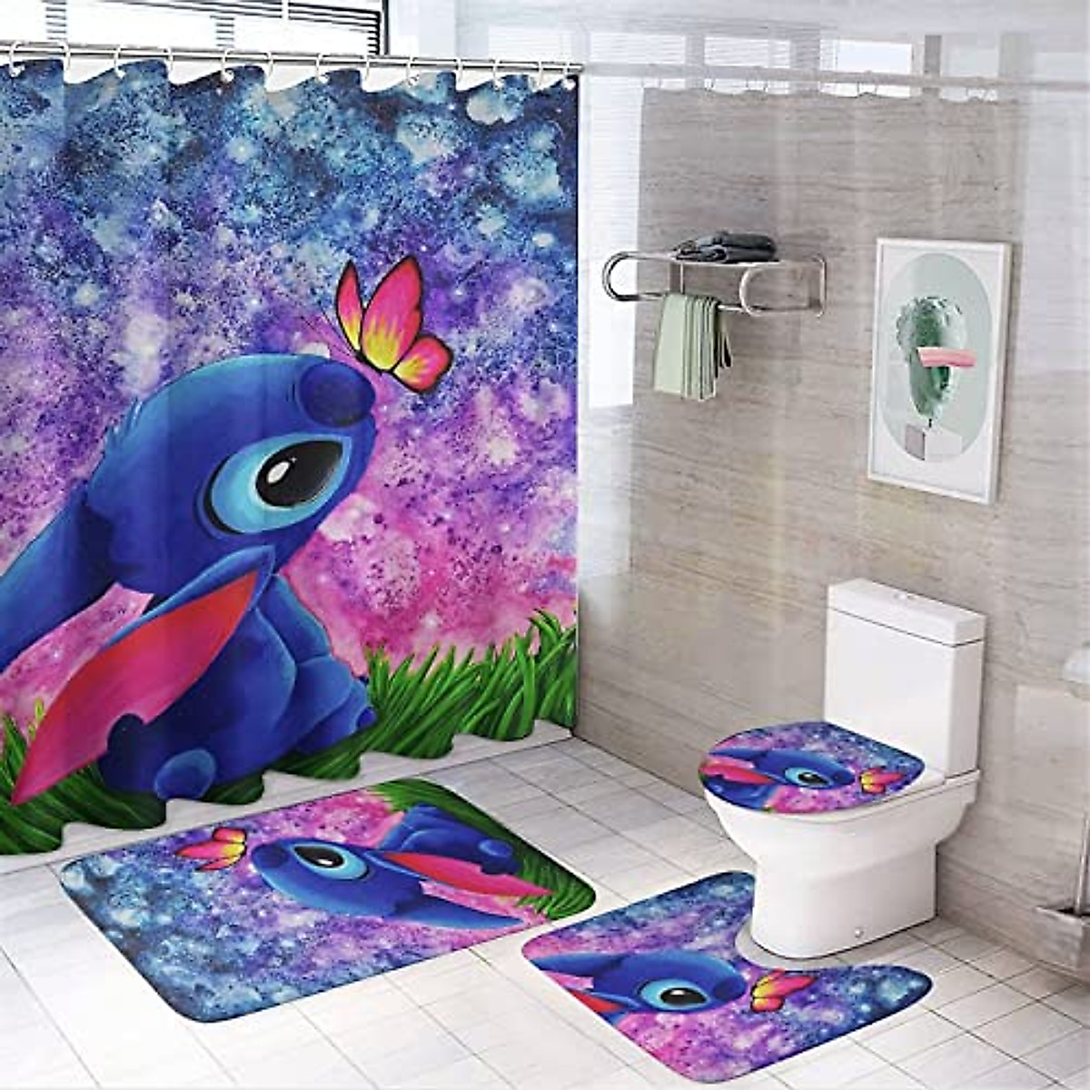fmsnupz Cartoon Shower Curtain 4PCS Set, Cute Bathroom Decor with Non-Slip Rugs, Toilet Lid Cover and Bath Mat, Waterproof Fabric Shower Curtains with 12 Hooks, 70.8"x70.8"