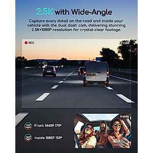 COOAU Dual Dash Cam 2.5K+1080P, Dash Cam Front and Inside, Built-in GPS and WiFi, Dash Camera for Cars, Perfect for Uber and Taxi Drivers, Night Vision, Accident Record, 24Hr Parking Mode