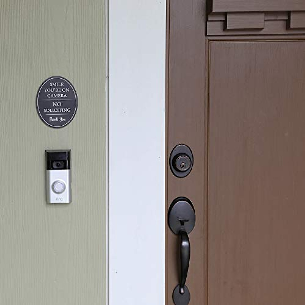 All Hung Up 4" x 5" Smile You're on Camera & No Soliciting Sign for House, 3M Self-Adhesive for Door,Window,Wall, Durable Quality Aluminum Metal Surface, Home,Business,Office, Thank You, Black