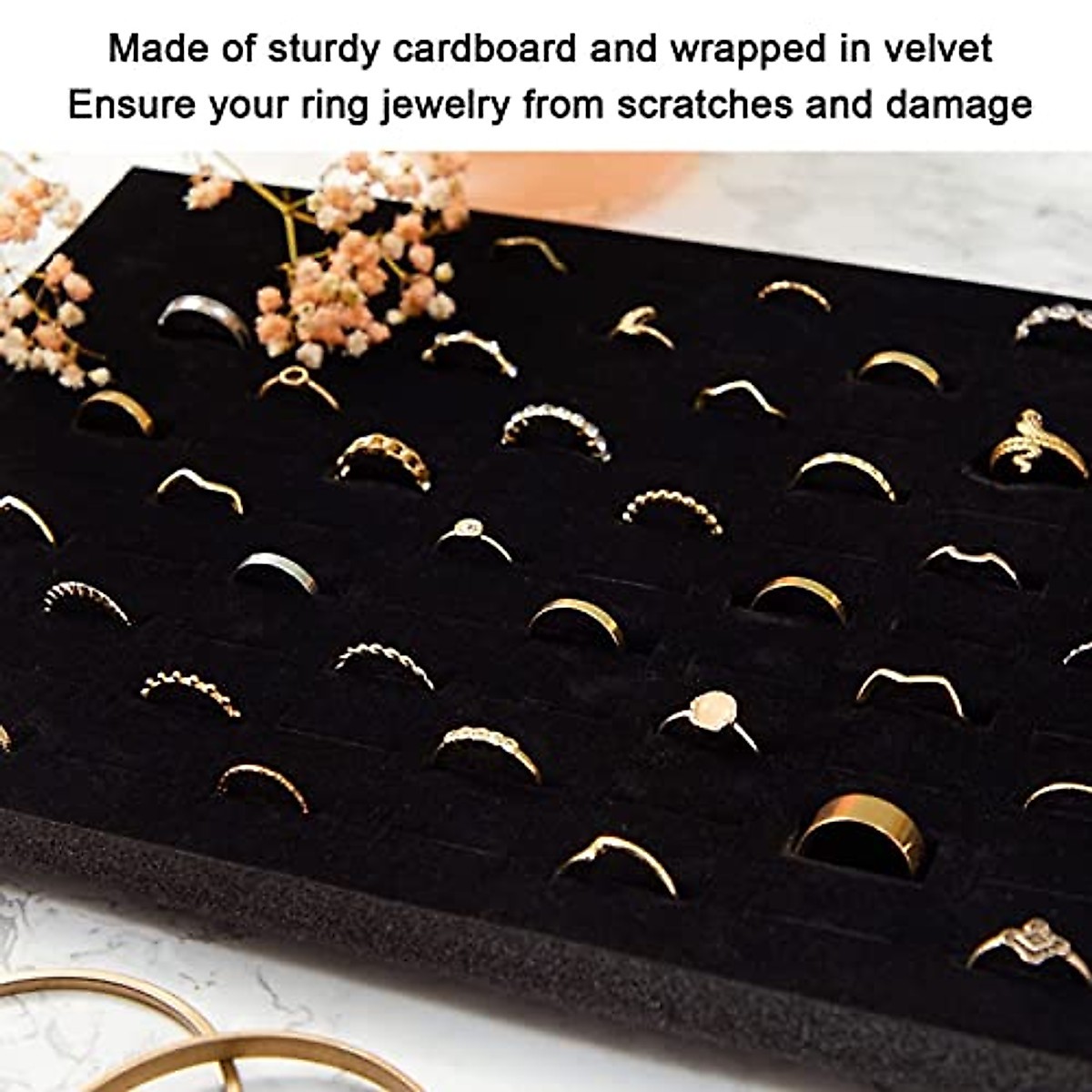 dykaae Velvet Ring Display Holder, 50 Slots Soft Easy to Take Jewelry Organizer Earrings Tray for Home Show Black