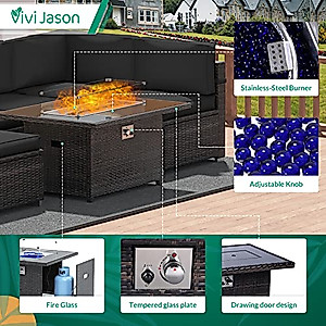 VIVIJASON 8 Pieces Patio Furniture Sectional Sofa Sets with Fire Pit Table, Outdoor PE Wicker Rattan Conversation Sets with 44" Rectangular Propane Gas Fire Pit 50,000 BTU and Grey Cushion