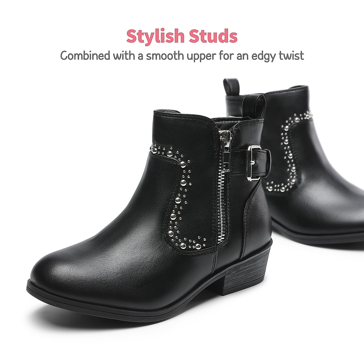 DREAM PAIRS Girls Boots Low Heel Side Zipper Ankle Booties Little Kid/Big Kid,Size 2 Little Kid,Black,SDBO2303K