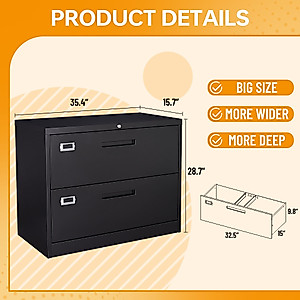 Lateral File Cabinet with Lock 2 Drawer Metal Filing Cabinet, Lateral Filing Cabinet with Lock for Home Office, Locking Metal Steel Wide File Cabinet for Legal/Letter A4 Size Black