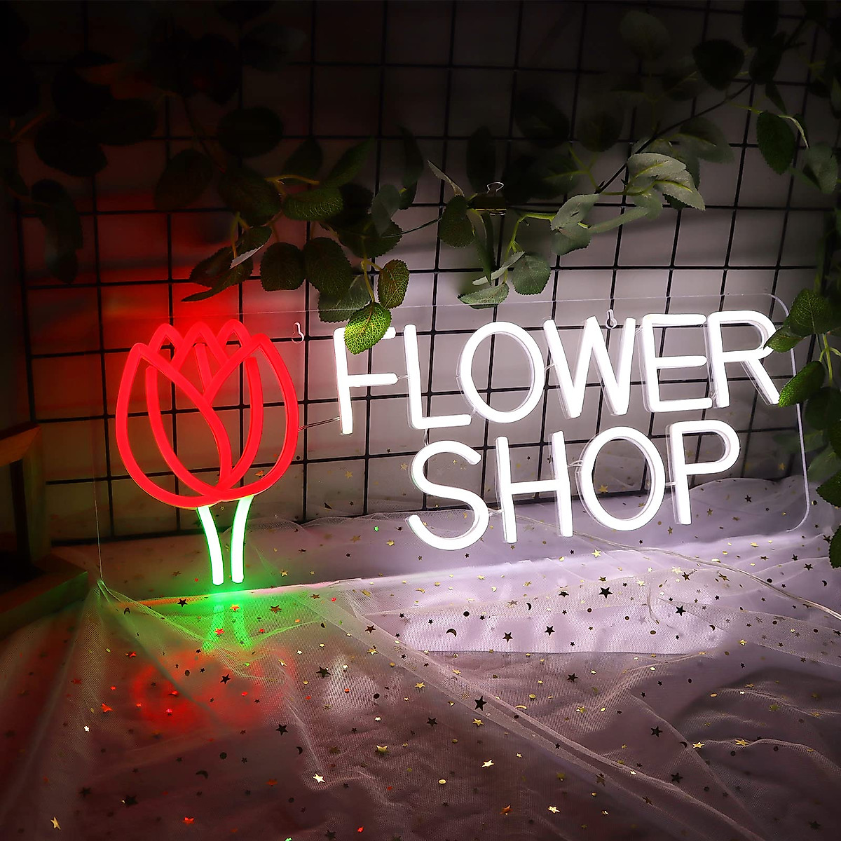 Large Drive Thru Open Neon Signs 23.2 * 15 Inch(Red+Blue+White) + Large Flower Shop Neon Signs 22.4 * 7.9 Inch(Red + Green + White)