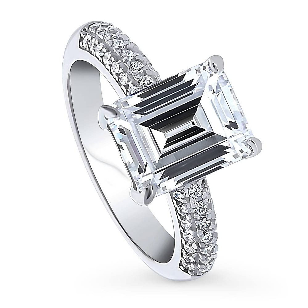 BERRICLE Sterling Silver Solitaire Wedding Engagement Rings 3.8 Carat Emerald Cut Cubic Zirconia CZ Cocktail Ring for Women, Rhodium Plated Size 6