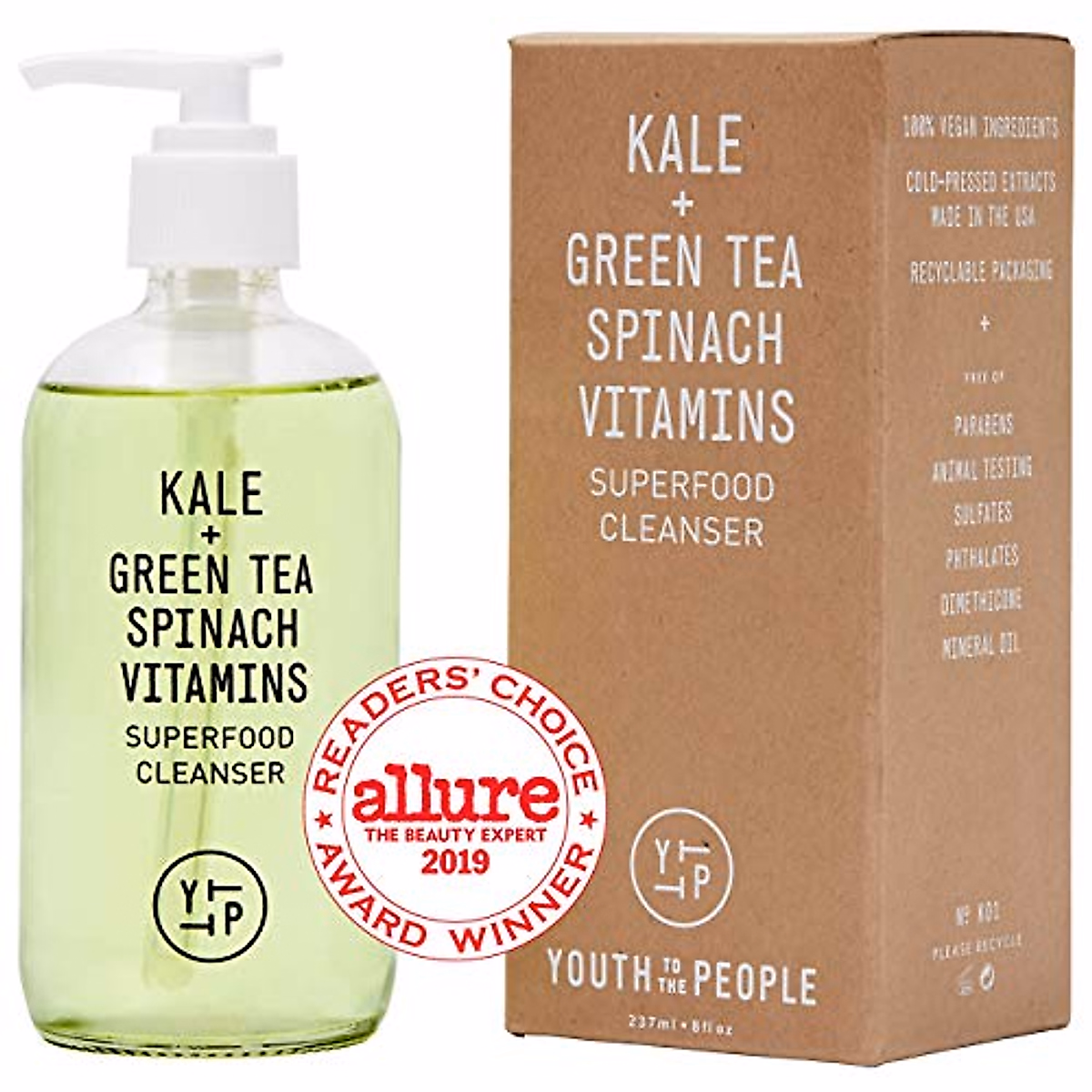 Youth To The People Kale + Green Tea Facial Cleanser - Gentle Superfood Blend of Spinach, Alfalfa, Vitamins C + E - Pore Minimizer, Makeup Remover & pH Balanced Gel Face Wash for Glowing Skin (8oz)