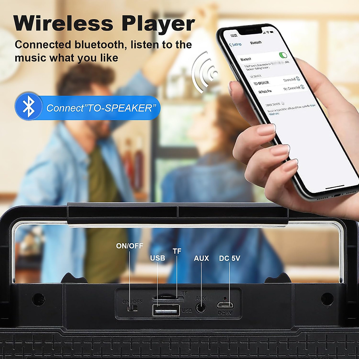 Solar Bluetooth Speaker with Flashlight, Portable Rechargeable Outdoor Speaker with Phone Holder Shoulder Strap for Party Hiking Picnic Family