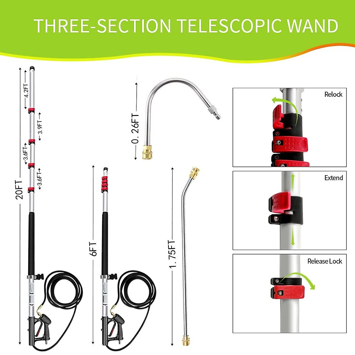 XUNCHI 24 Feet High Pressure Power Washer Telescoping Lance Extension Wand with 1/4 Inch Quick Connection, 5 Spray Nozzle Tips and Harness Belt, Pivoting Coupler, 2 Adapters, 4000 PSI Max Pressure