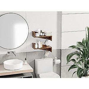 Gannyfer Floating Shelves - Set of 2, Rustic Wood Wall Shelf with Coat Hooks for Home Decor Storage, Small Wall Mounted Hanging Shelves for Bedroom, Kitchen, Living Room, Bathroom & Farmhouse, Brown