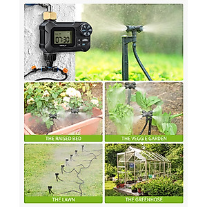 HIRALIY 65FT Automatic Drip Irrigation Kits with Garden Timer, 1/4" Blank Tubing and 4-outlets Misting Watering Nozzles, Auto Plant Watering System for Patio Lawn, Watering Regularly by Timer