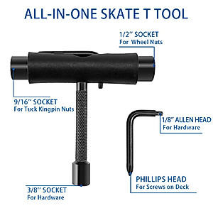 Keecaan All-in-One Skate Tools, T Skateboard Tool and Allen Key with Cross Screwdriver Head, Multi-Function Portable Skateboard T Tool (Black)