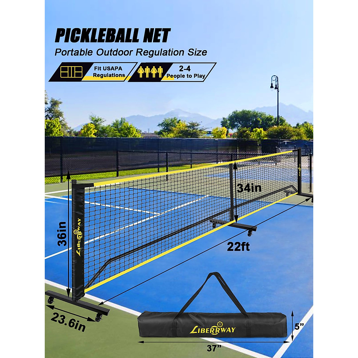Pickleball Net LIBERRWAY Portable Pickleball Net with Wheels and Carry Bag 22FT Official Regulation Size Pickleball Net for Driveway Outdoor Backyard Metal Frame & Easy Set Up