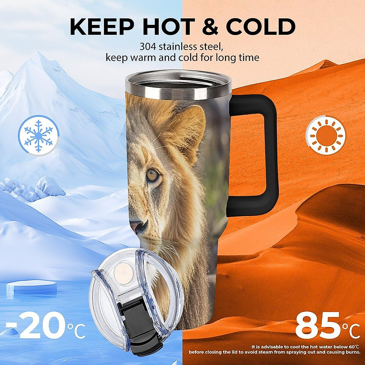 FZQVSGW Lion Sticks Out Tongue 40 Oz Tumbler with Handle And Straw Stainless Steel Vacuum Insulated Tumblers Reusable Keep Drinks Cold Coffee Cup Holder Friendly Gifts for Women Men Car Gym Travel