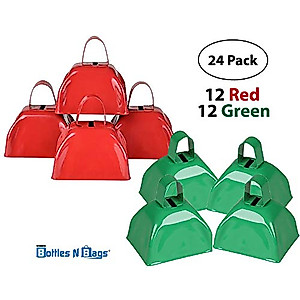 24 Holiday Cowbell Instruments - 12 Red and 12 Green Metal Cowbells with Handles For Christmas Photos, Parties - 3" Size