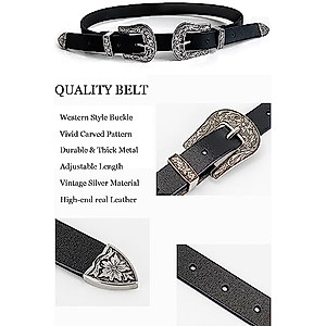 ALAIX Women's Belt Western Vintage Style Genuine Leather Belt Two Buckles Waist Belts for Jeans Dress Pants Silver
