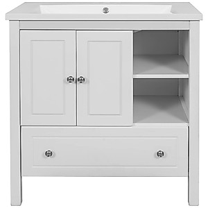 LUMISOL 30 Inch Bathroom Vanity with Sink, Modern Bathroom Cabinet with Ceramic Sink Top, Bathroom Vanity Set with Drawers and Shelves (White)