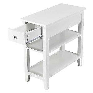 Giantex Narrow End Table, Small Side Table with Drawer and Shelf, Wood Accent Sofa Table, Skinny Nightstand for Small Space Living Room Bedroom (1, White)
