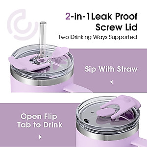 COKTIK 40 oz Tumbler With Handle and Straw Lid, 2-in-1 Lid (Straw/Flip), Vacuum Insulated Travel Mug Stainless Steel Tumbler for Hot and Cold Beverages,Easy to Clean (Lavender Purple)
