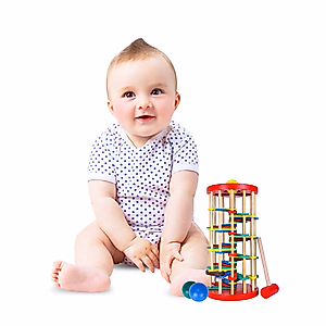 ROLENUNE Wooden Ball Drop Toy Kids Pounding Bench Hammer Pound Roll Ramp Toys Children Educational Montessori Gift for 3 4 5 Years Old Babies and Toddlers