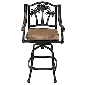 Palm Tree Outdoor Patio Set 6pc Swivel Barstools 30" H Dark Bronze Cast Aluminum, Walnut Cushions